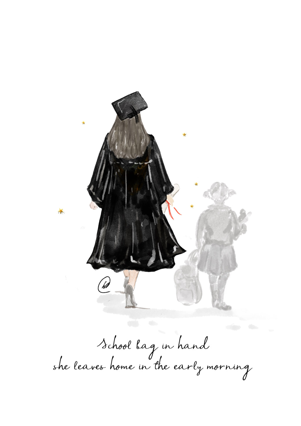 School bag in hand graduation gown drawing female – Lucy Claire ...